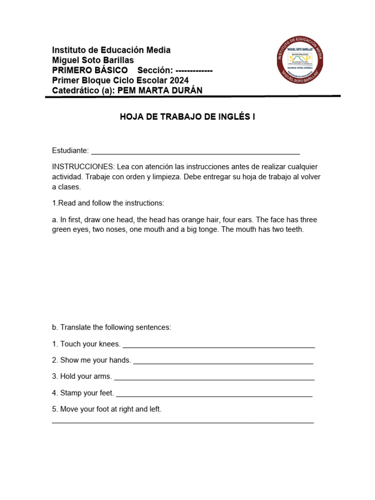 Hoja de Trabajo Inglés I Primero Básico | PDF