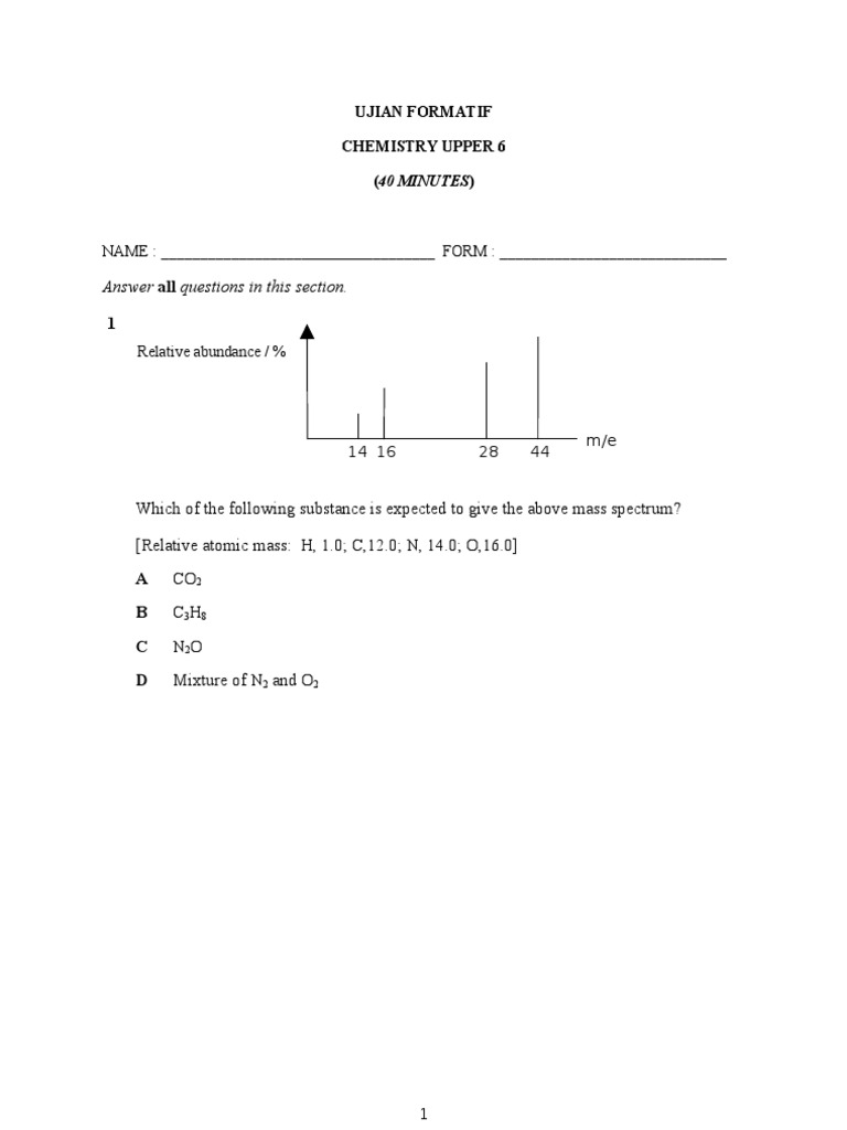 Upper 6 Chemistry Formative Test | PDF | Ion | Gases