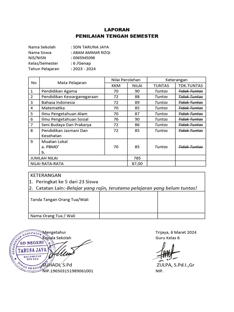 LAPORAN PTS KLS 6 SMT Genap Tahun 2023 - 2024 | PDF