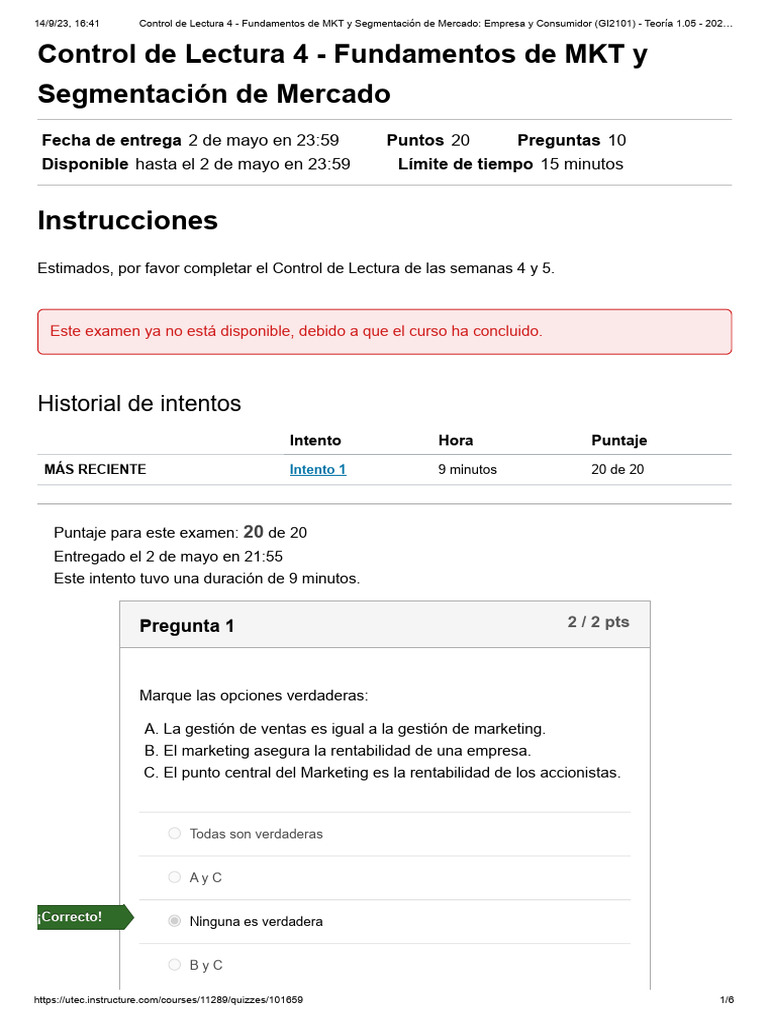 Control de Lectura 4 - Fundamentos de MKT y Segmentación de Mercado - Empresa y Consumidor ...