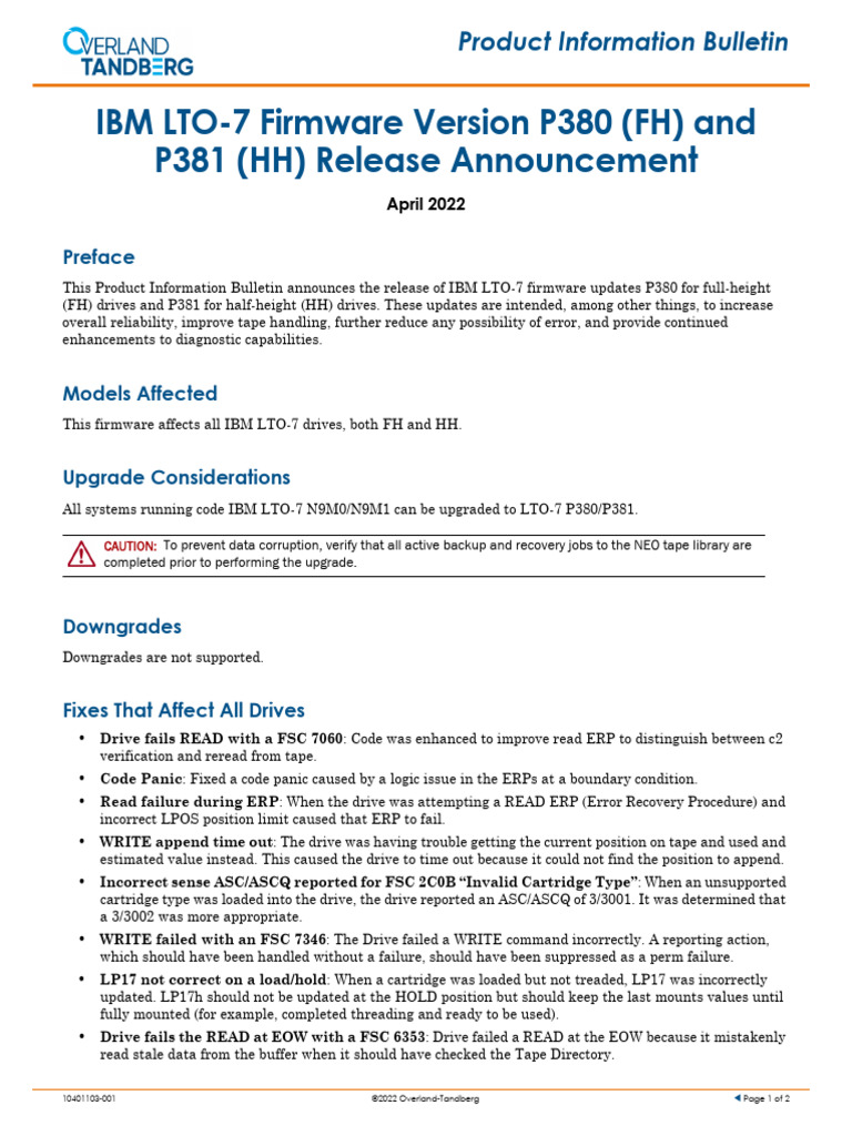 Ibm Lto 7 Firmware Versions P380 Fh And P381 Hh Release Notes Pdf Computing Computer Data