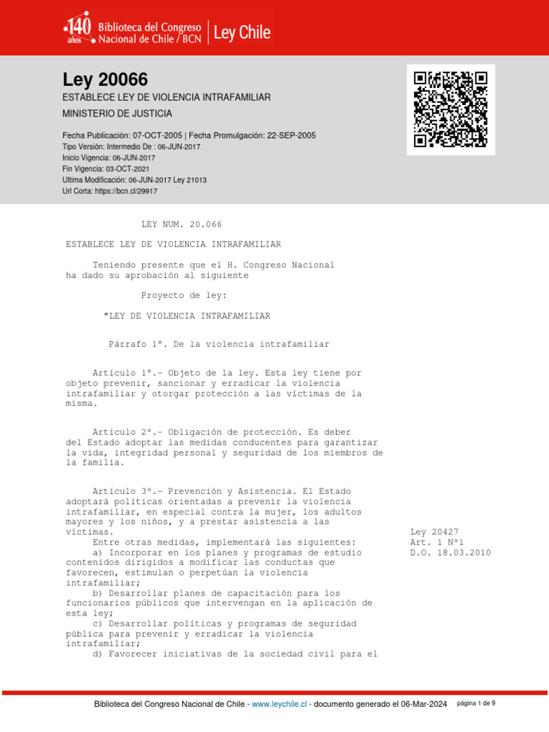 Ley 20066 - 07 OCT 2005 | PDF | Violencia doméstica | Mandato