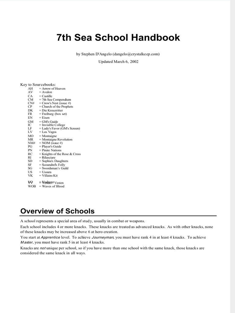 7th Sea Combat Schools Guide | PDF | Melee Weapons | Blade Weapons