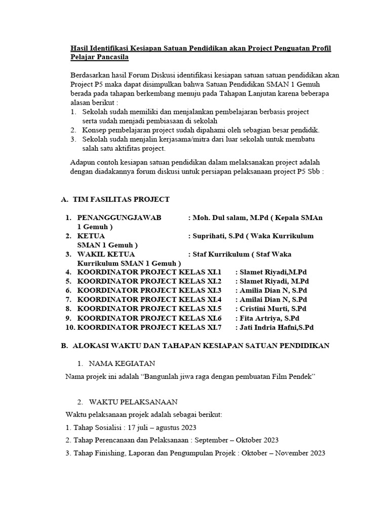 Kesiapan SMAN 1 Gemuh untuk Project P5 | PDF