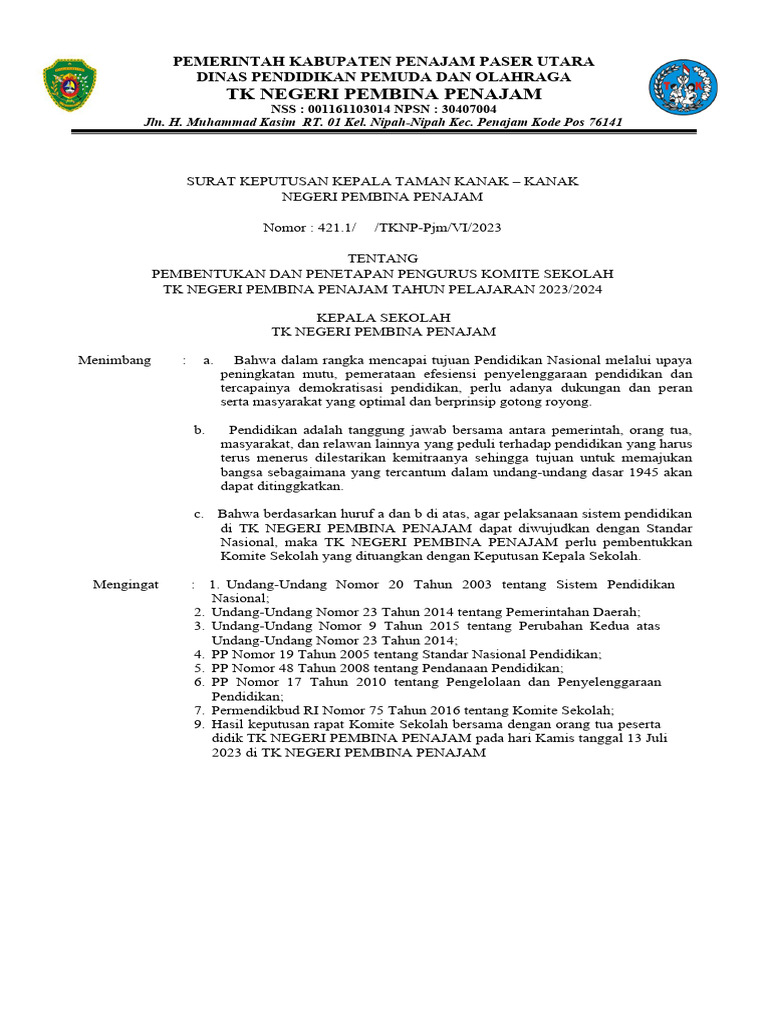 Pembentukan Komite TK Penajam | PDF