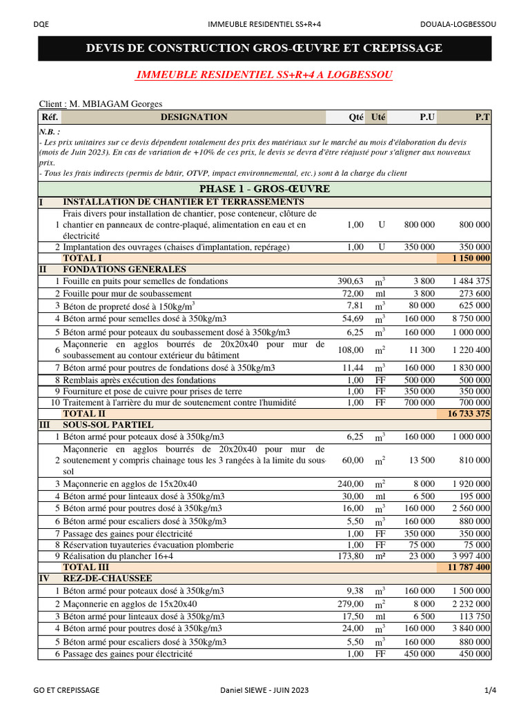 Devis Construction Immeuble R+4 Douala | PDF | Ingénierie des ...