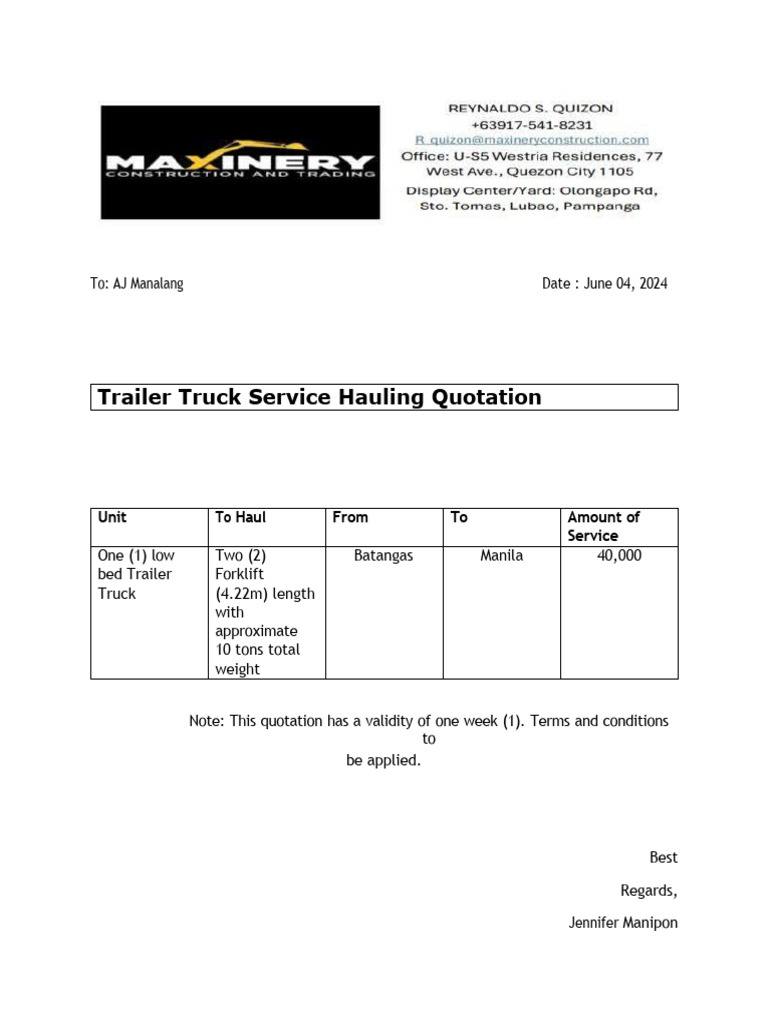 Trailer Truck Hauling Quotation 2024 | PDF