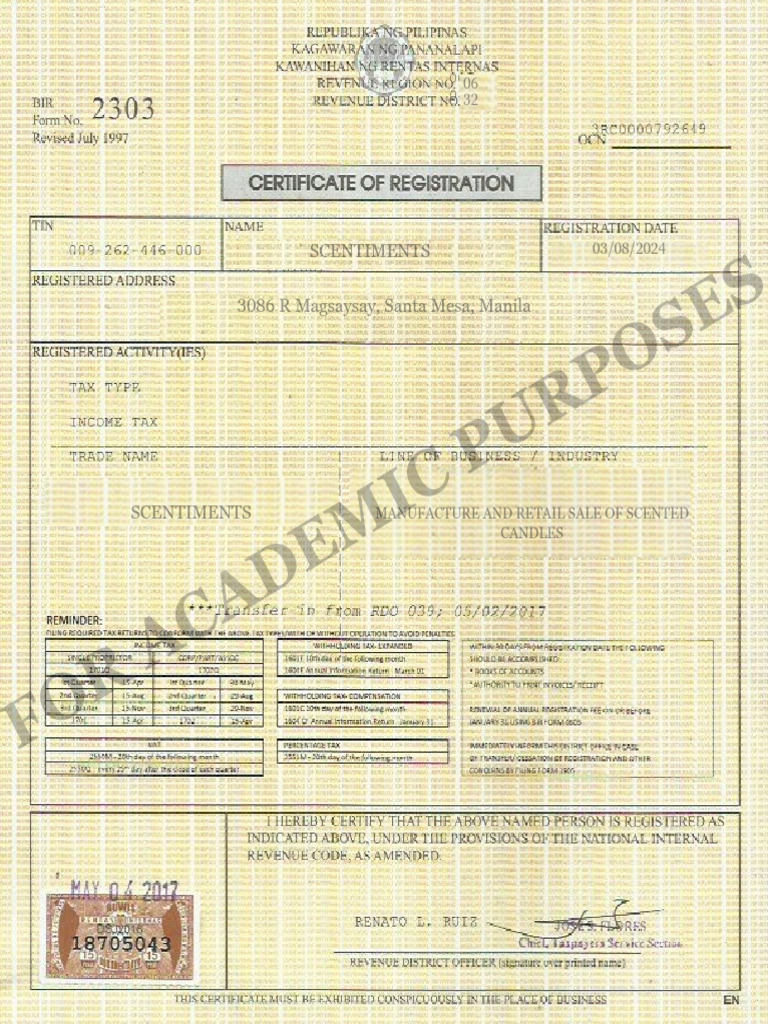 BIR (CERTIFICATE OF REGISTRATION) | PDF