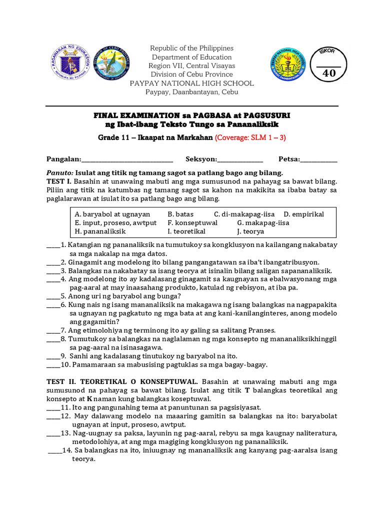 Final Examination For Grade 11 PAGBASA AT PAGSULAT | PDF