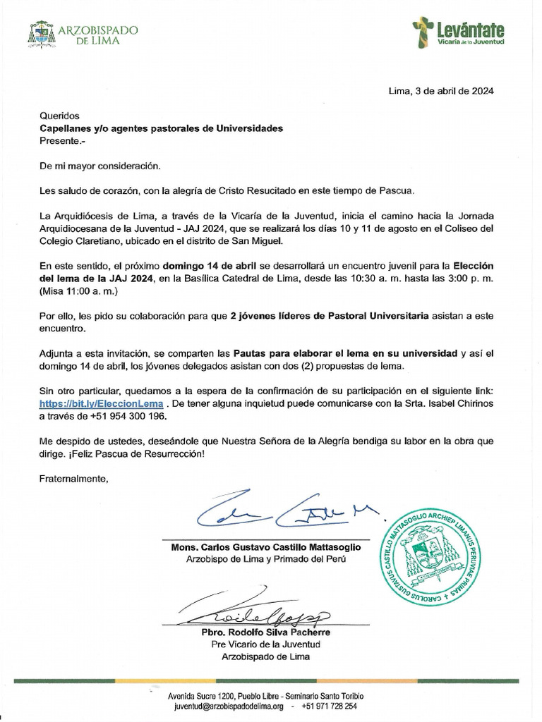 Universidades - Invitación - Elección Del Lema JAJ 2024 | PDF | Papa Francisco