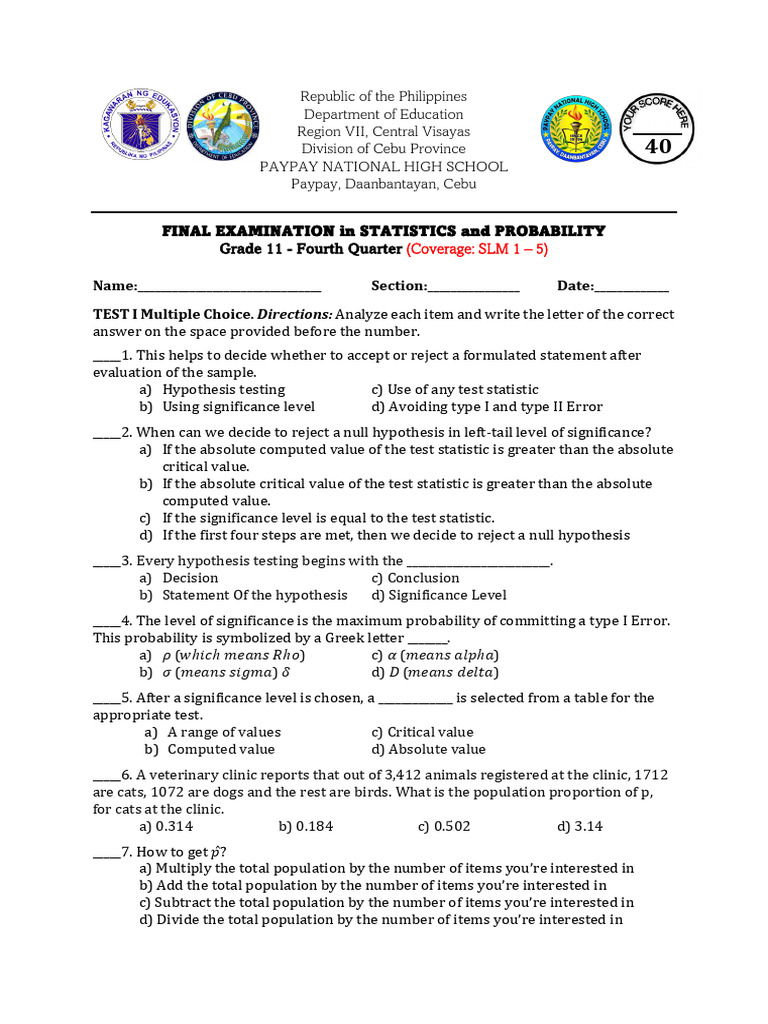 Grade 11 Statistics Final Exam Guide | PDF | Statistical Hypothesis ...