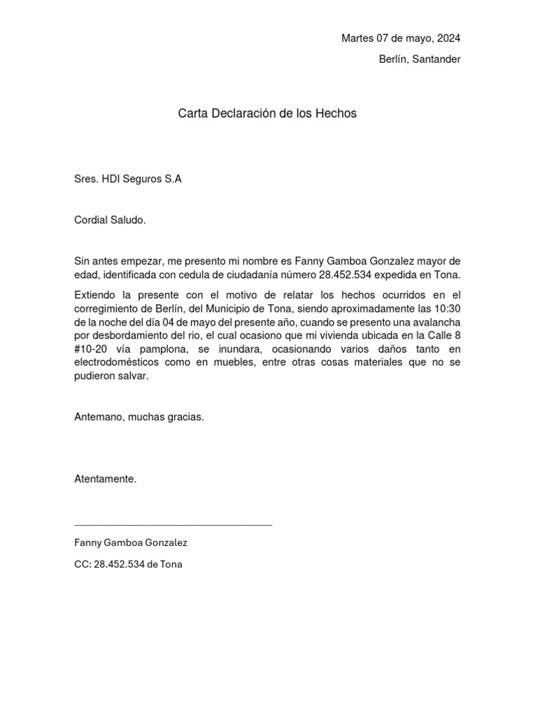Carta Declaración de Los Hechos | PDF | Derecho