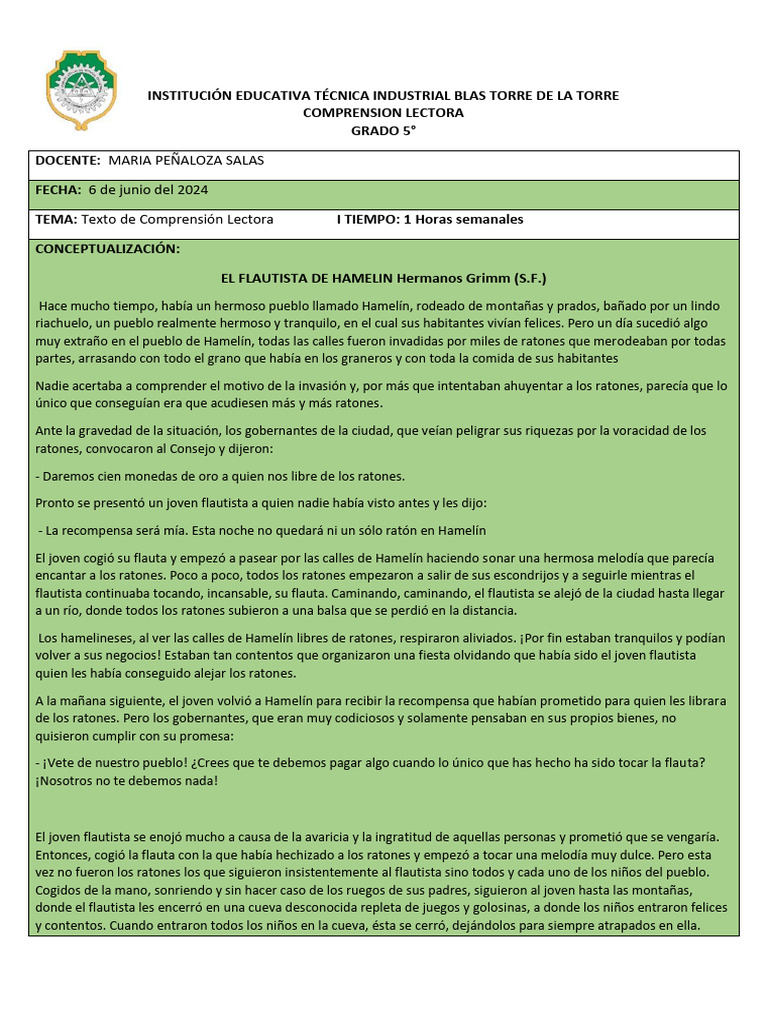 Comprensión Lectora: Flautista de Hamelín | PDF | Clásicos