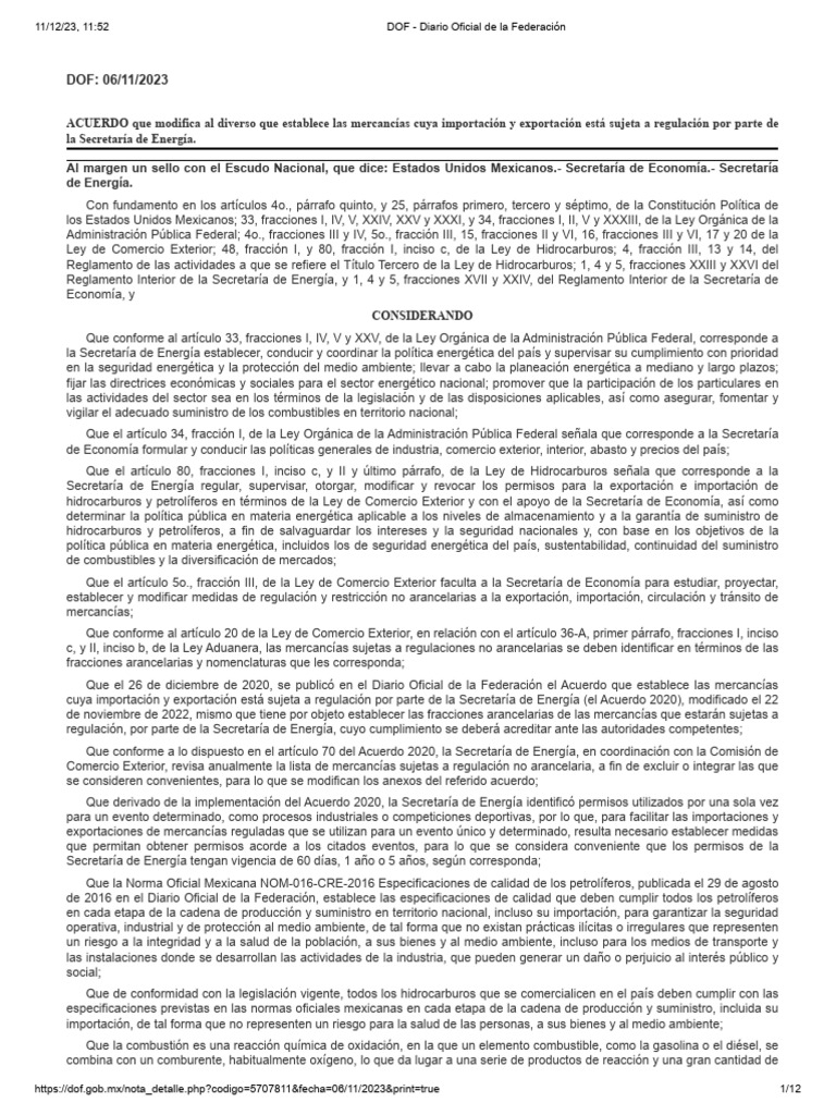 2023 - 11 - 06 DOF - SENER - Acuerdo SENER | PDF | Combustión | Combustible diesel