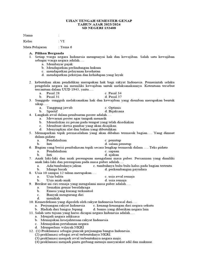 Soal PTS Sem 2 Kelas 6 2024 | PDF | Karier & Perkembangan