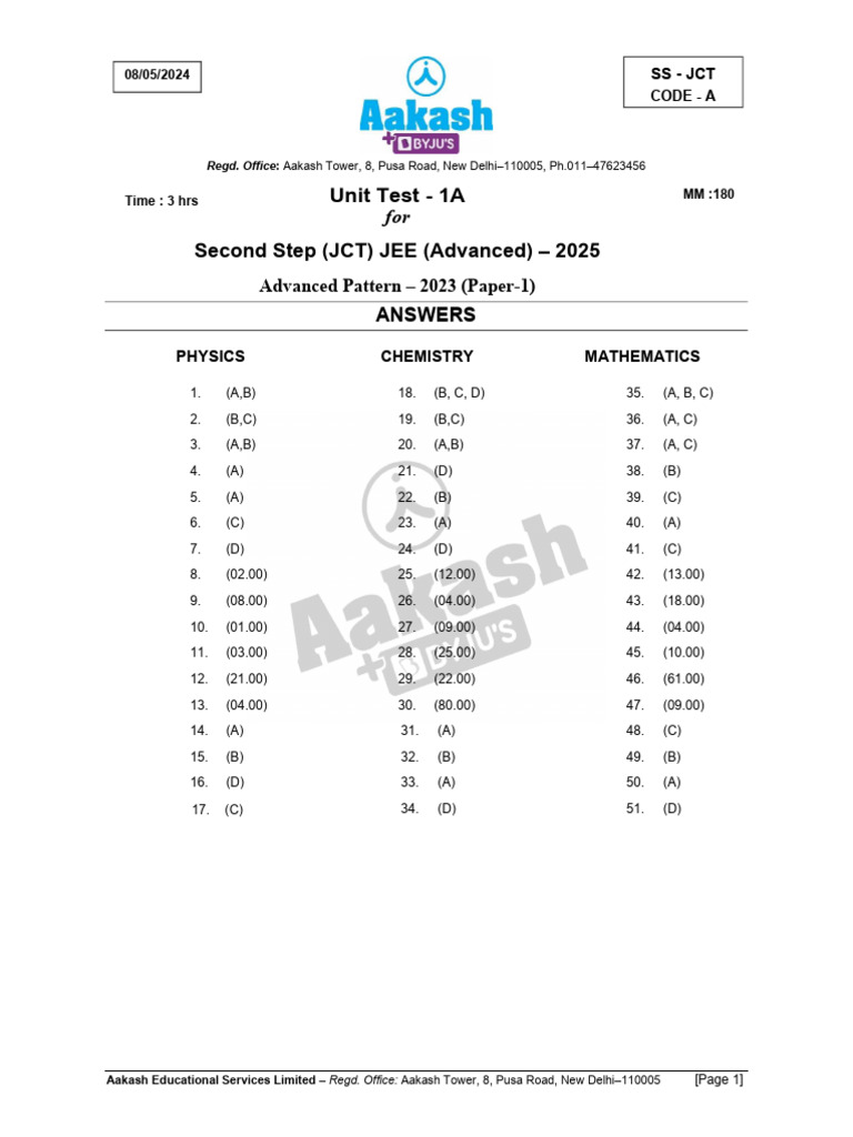 SS_JCT_UT-1A_ADV_PCM_Key & Solution_08-05-2024 | Download Free PDF ...