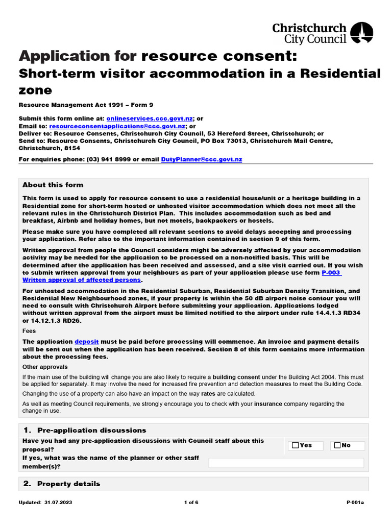 P 001a Application For Resource Consent Short Term Visitor Accommodation Residential Zone | PDF ...