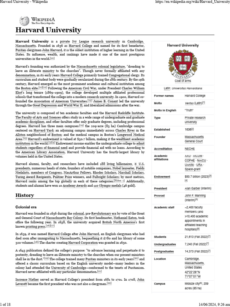 Harvard University - Wikipedia | PDF | Harvard University