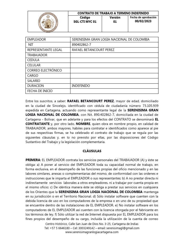 Contrato de Trabajo A Termino Indefinido - Manejo y Confianza | Descargar gratis PDF | Salario ...