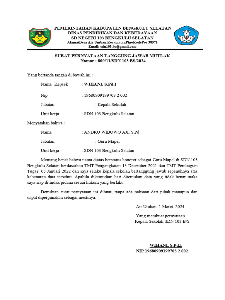 CONTOH SPTJM DAN LAMPIRAN DATA DAPODIK(1) | PDF