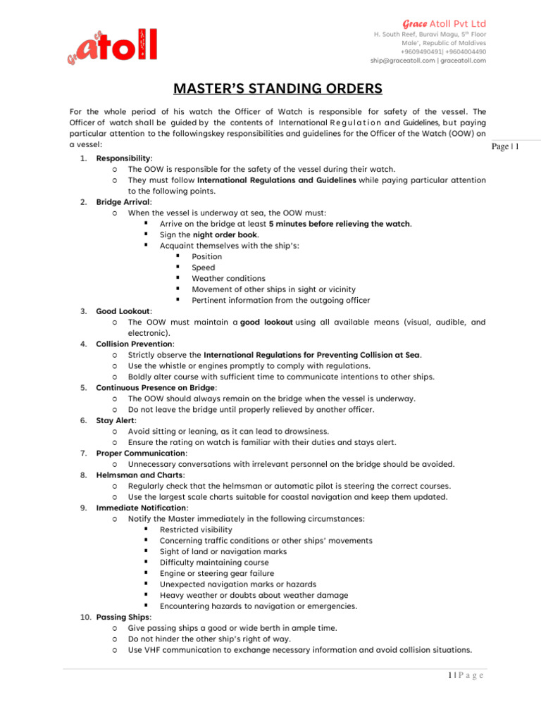 Master Standing Order | PDF | Ships | Water Transport