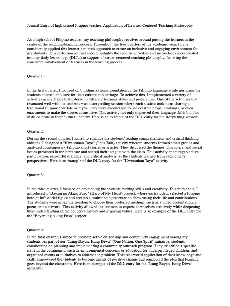 Journal Entry of High School Filipino Teacher | PDF | Critical Thinking ...