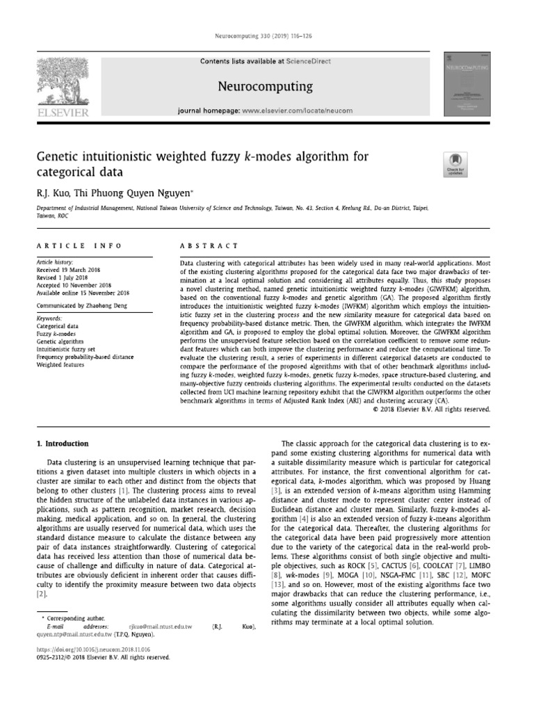 2genetic Intuitionistic Weighted Fuzzy K Modes Algorithm | PDF
