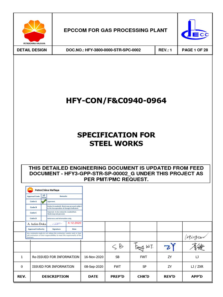 HFY 3800 0000 STR SPC 0002 1 Specification For Steel Works Code | PDF ... HFY 3800 0000 STR SPC 0002 1 Specification For Steel Works Code | PDF ...