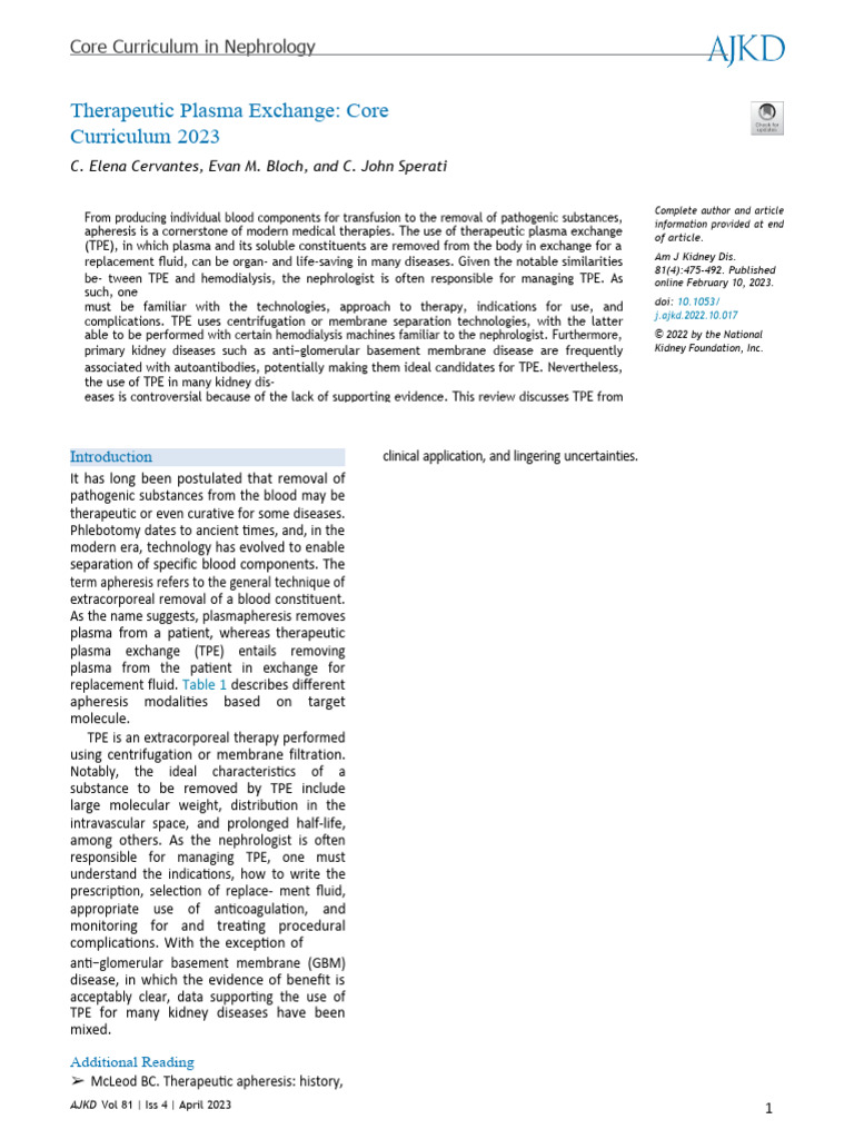 tpe | PDF | Blood Plasma | Hemodialysis