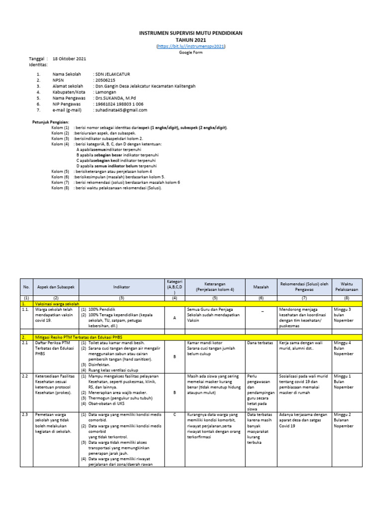Contoh Form - Instrumen Supervisi Mutu 2021 | PDF