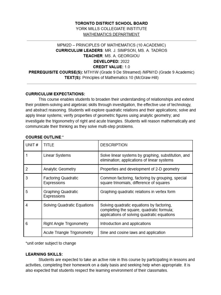 MPM2D YorkMills Course Outline | PDF | Quadratic Equation | Educational ...