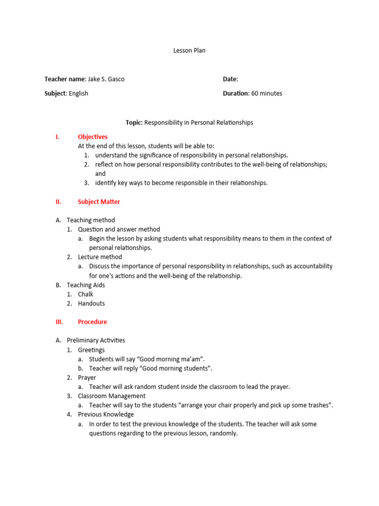 Personal Relationships Lesson Plan | PDF | Empathy | Teachers