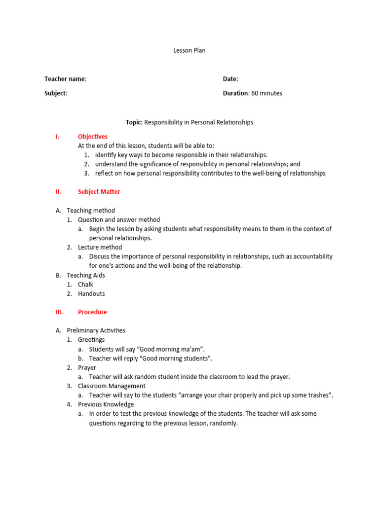 Personal Relationships Lesson Plan-1 | PDF | Empathy | Teachers