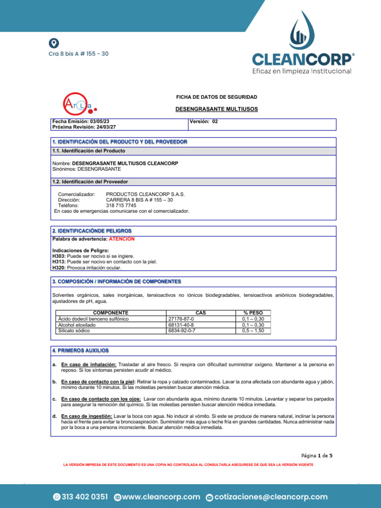 Hoja de Seguridad Desengrasante Multiusos Cleancorp | PDF