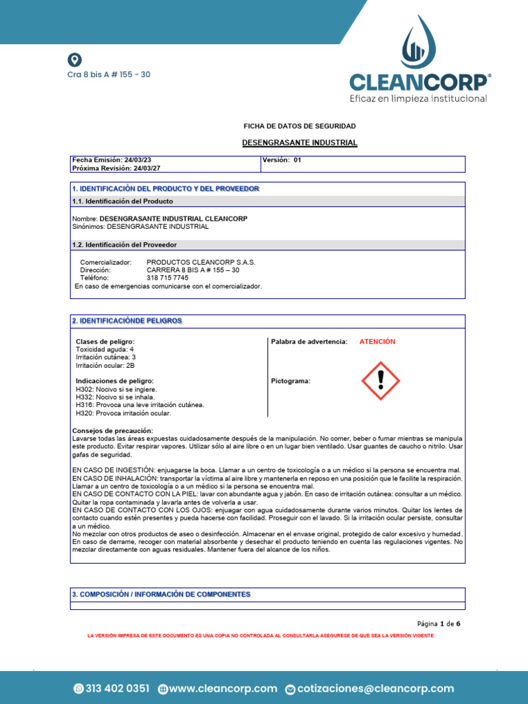 Hoja de Seguridad Desengrasante Industrial Cleancorp | PDF | Agua | Química