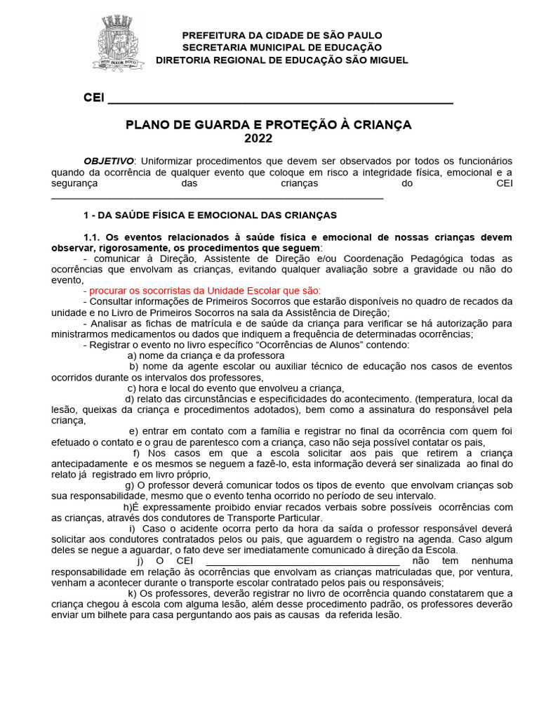 Modelo Plano de Guarda e Protecao Educacao Infantil | Download grátis ...