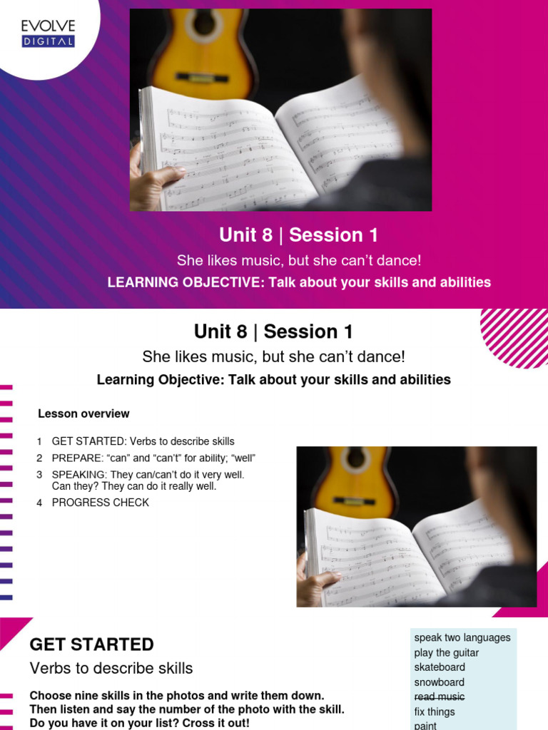 Unit 8 - Session 1: She Likes Music, But She Can't Dance! | PDF | Linguistics