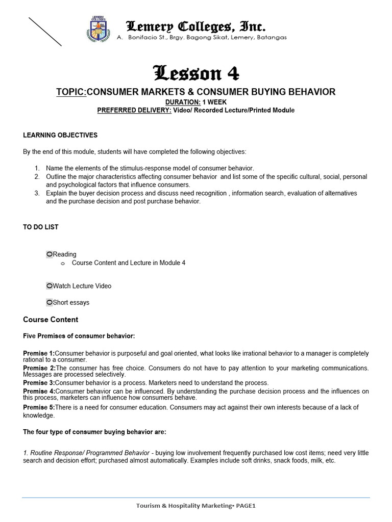 THC4-LESSON-3-AND-4 | PDF | Consumer Behaviour | Behavior