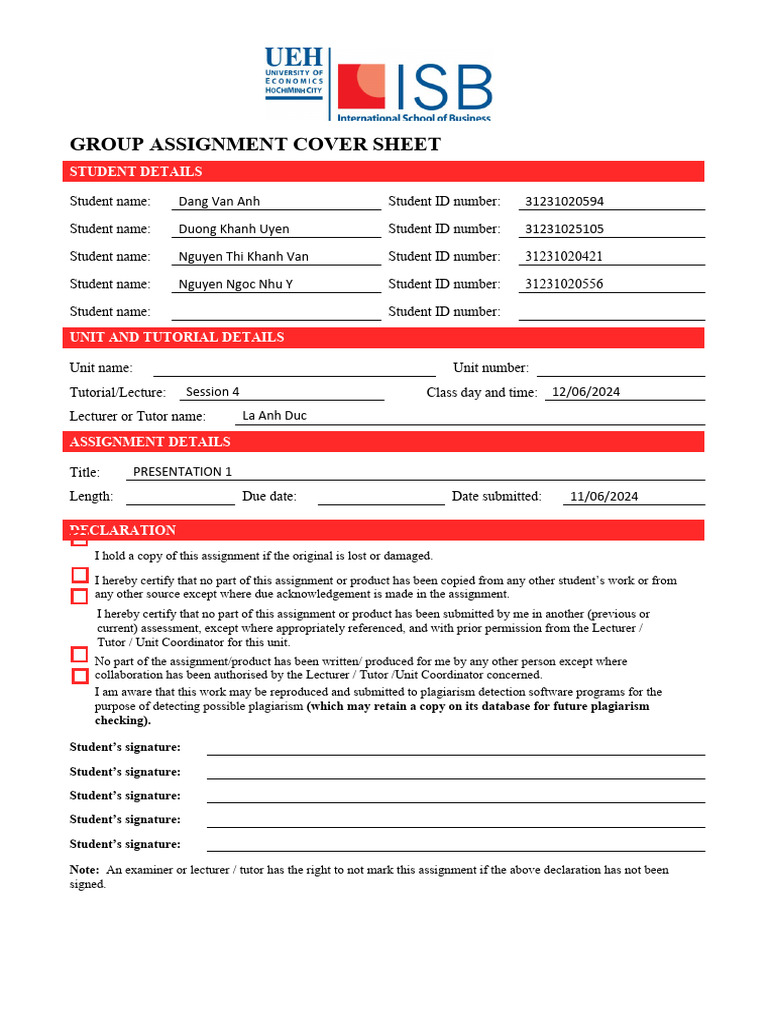 GroupAssignmentCoverSheet - ISB-Group 1 | PDF