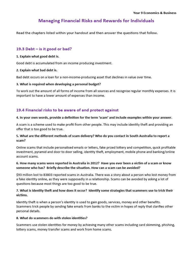 Managing Financial Risks in Year 9 Economics | PDF | Automated Teller ...