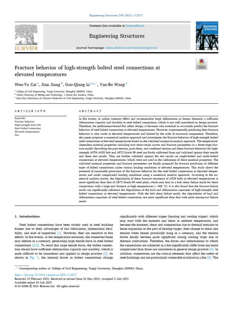 Fracture Behavior of High-Strength Bolted Steel Connections at Elevated Temperatures (2021 ...