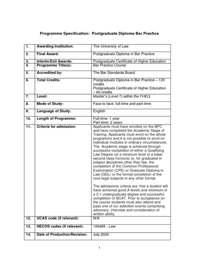 pdf_study_programme-specification-bpc | Download Free PDF | Postgraduate Education | Academic Degree