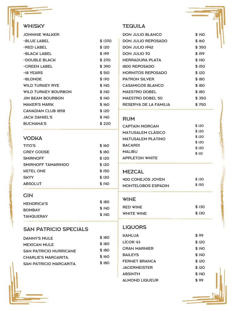 San Patricio Menu | PDF | Whisky | Barrel