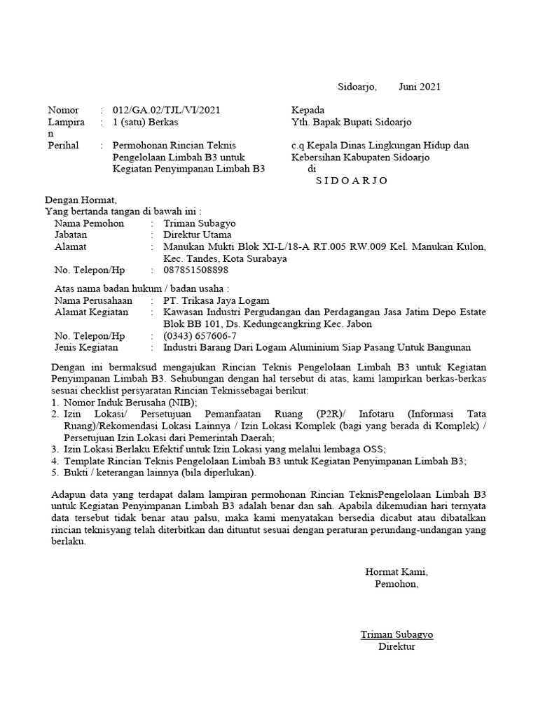 Surat Permohonan Rincian Teknis TPS LB3 | PDF