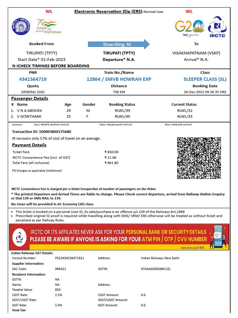 SMVB Howrah Exp Sleeper Class (SL) : WL WL | PDF | Identity Document