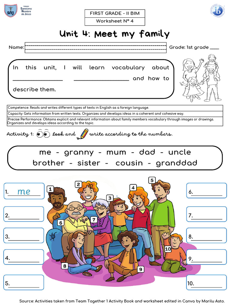 First Grade Family Vocabulary Worksheet | PDF
