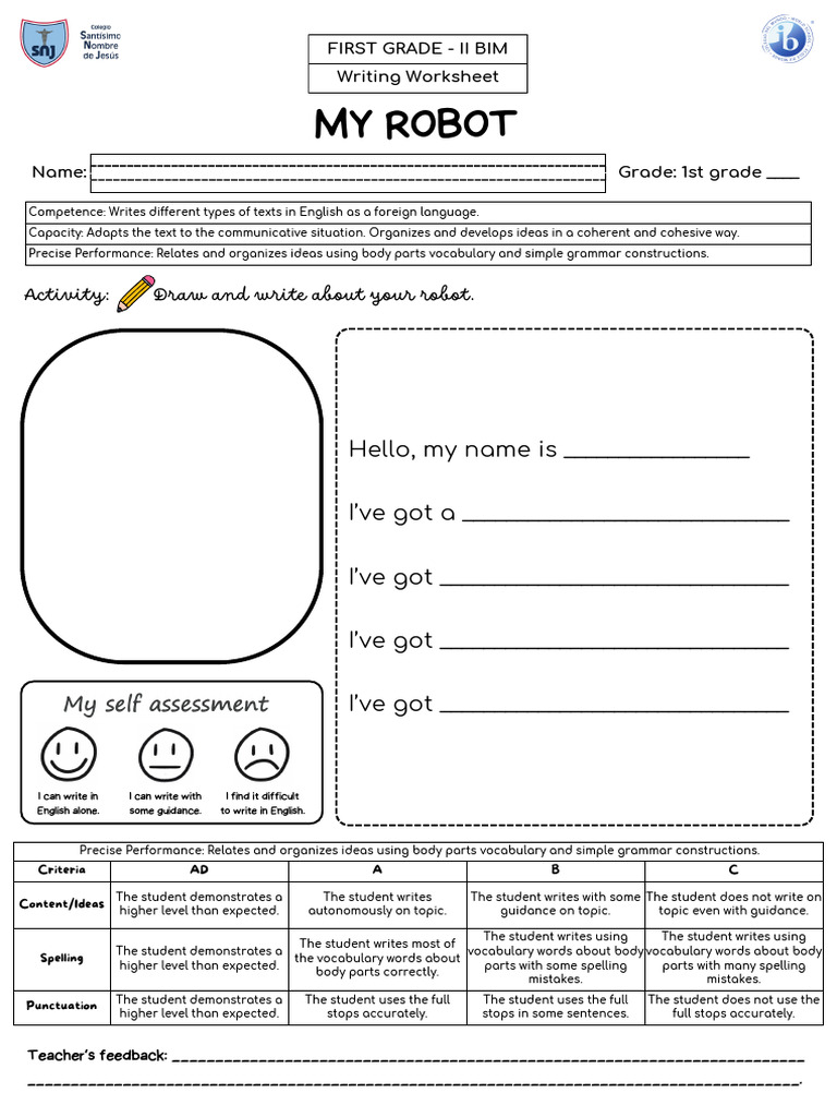 My Robot Writing Worksheet for Grade 1 | PDF | Vocabulary | English ...