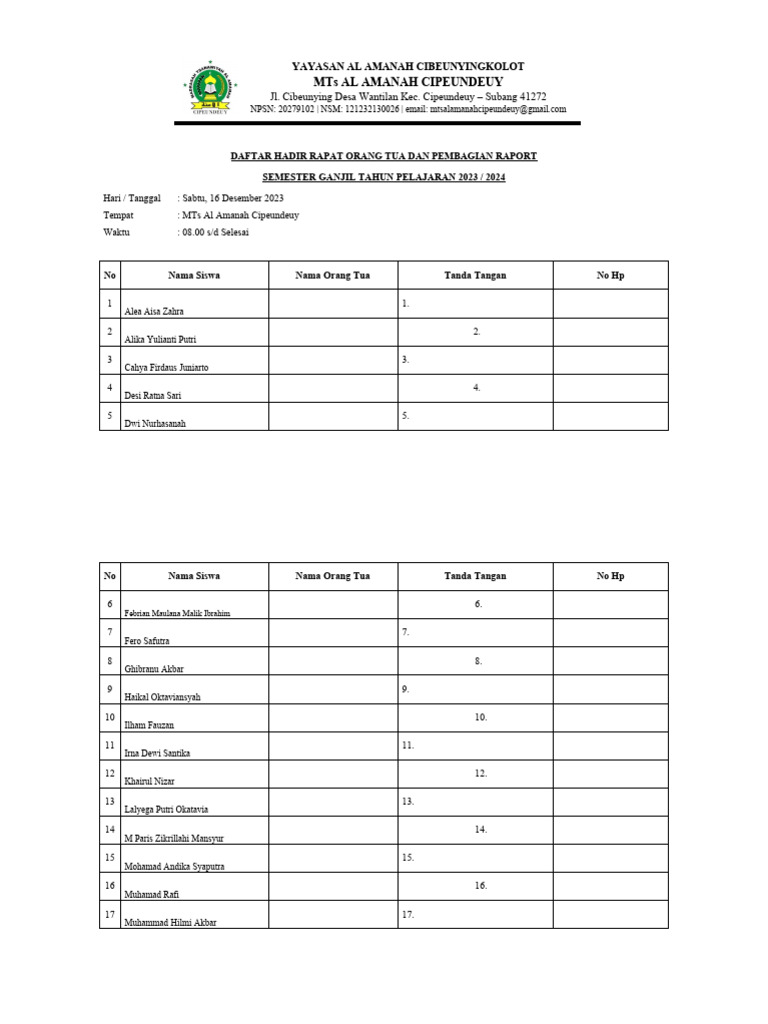 daftar hadir rapat dan pembagian raport | PDF
