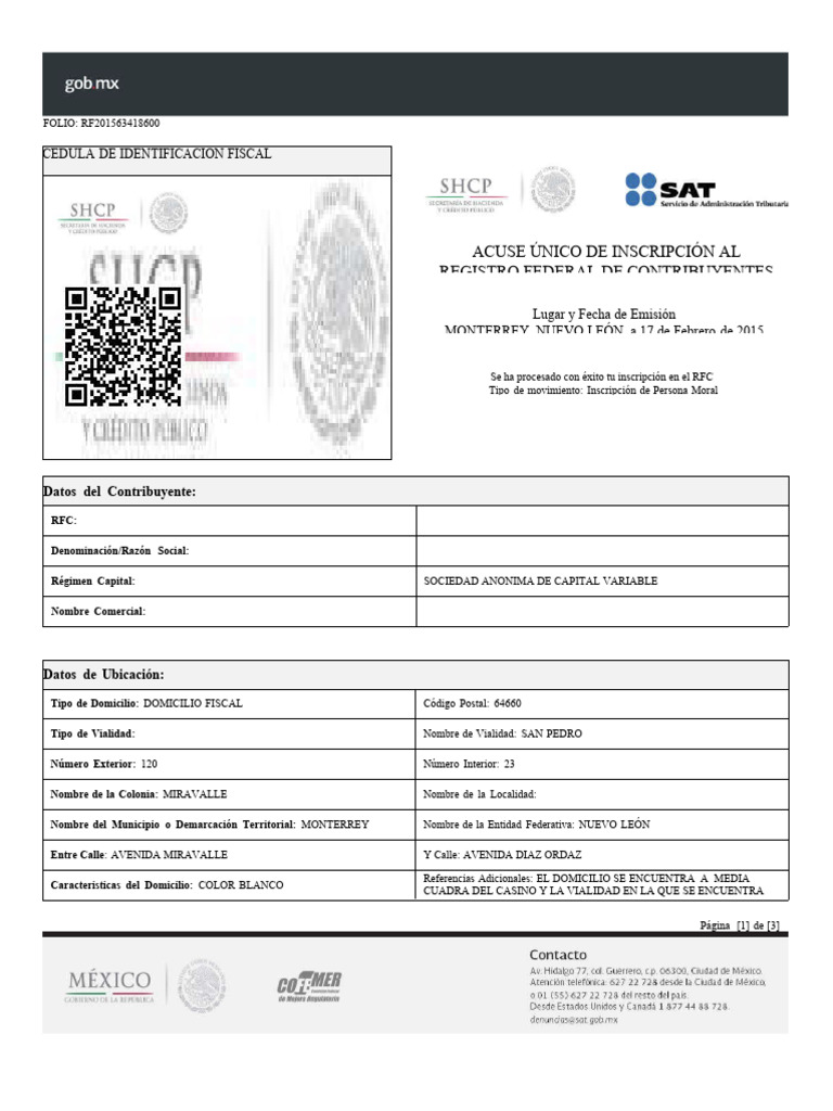 ACUSE DE INCRIPCIÒN AL RFC | Descargar gratis PDF | Impuesto sobre la renta