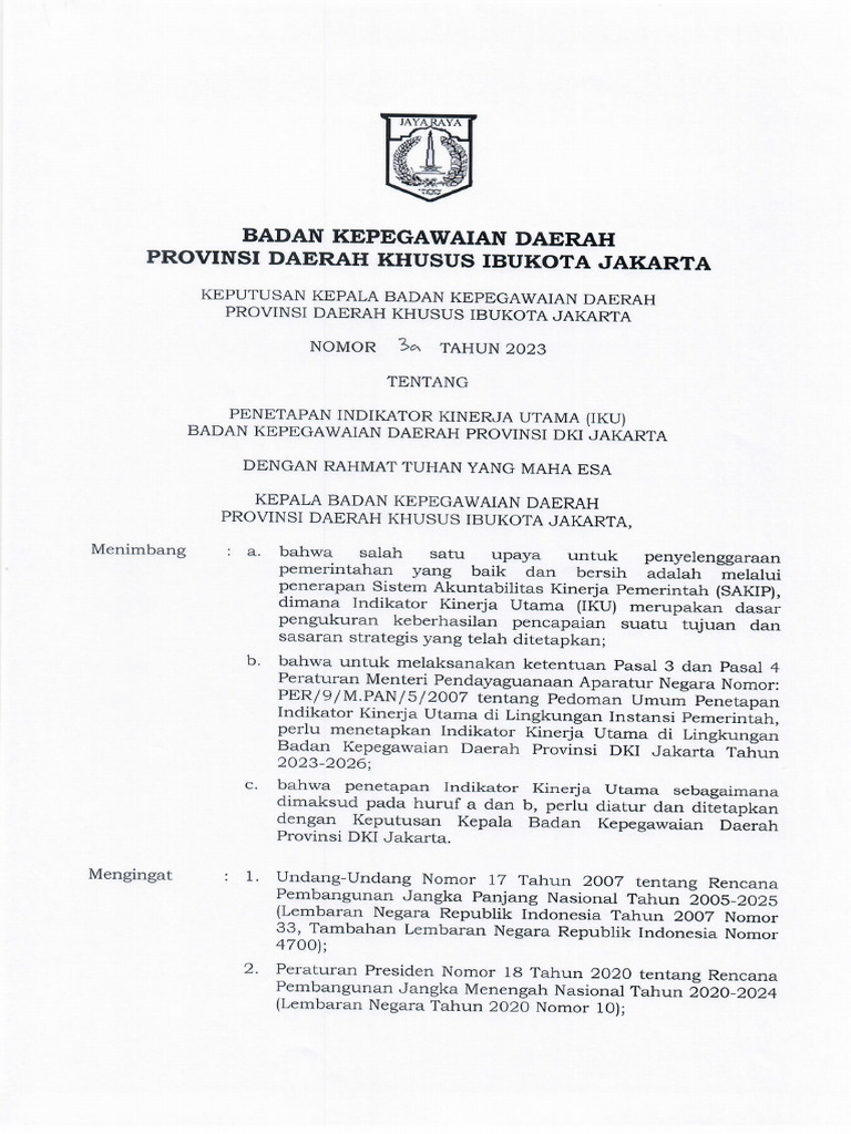 SK Penetapan IKU BKD Provinsi DKI Jakarta | PDF